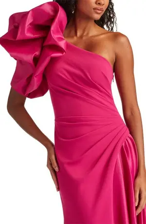 Tadashi Shoji Puff Ruched One-shoulder Gown