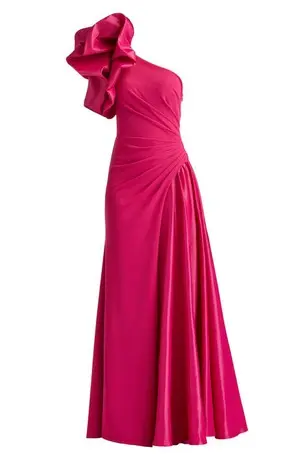Tadashi Shoji Puff Ruched One-shoulder Gown