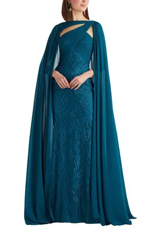 Tadashi Shoji Sequin Pleat Cape Gown