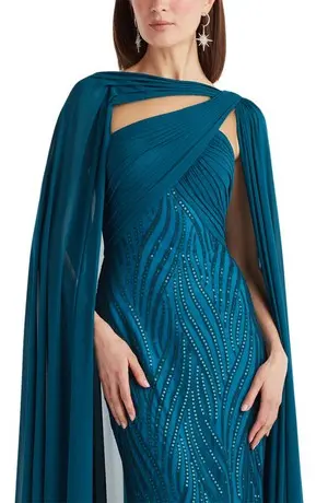 Tadashi Shoji Sequin Pleat Cape Gown