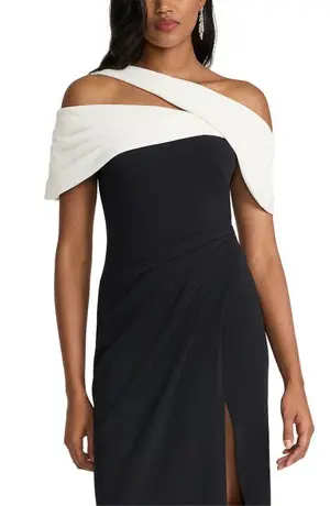 Tadashi Shoji Off-the-shoulder Colorblock Crepe Gown With Slit