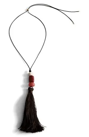 Mango Stone Bead Tasseled Pendant Necklace - Brown