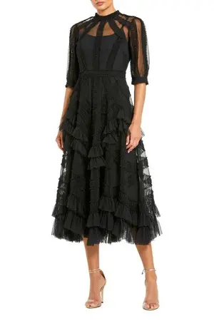 Mac Duggal Petite High Neck Puff Sleeve Ruffle Tiered Dress - Black
