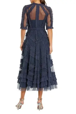Mac Duggal Petite High Neck Puff Sleeve Ruffle Tiered Dress - Midnight