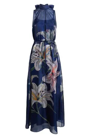 Julia Jordan Printed Organza Tie Neck Maxi Dress