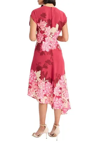 Maggy London Floral Print Asymmetrical Midi Dress