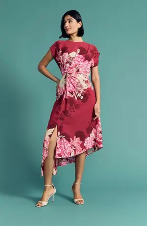 Maggy London Floral Print Asymmetrical Midi Dress