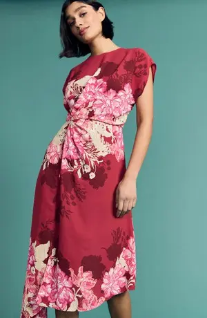 Maggy London Floral Print Asymmetrical Midi Dress
