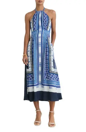 REISS Joselyn Scarf Print Halter Neck Midi Dress