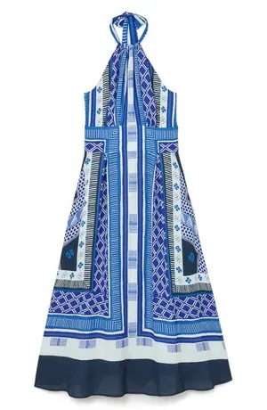 REISS Joselyn Scarf Print Halter Neck Midi Dress