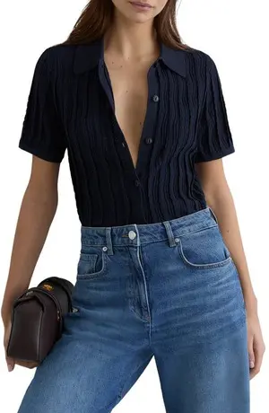 REISS Audrey Textured Knit Button-up Shirt - Navy