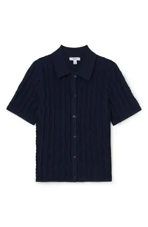 REISS Audrey Textured Knit Button-up Shirt - Navy