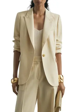 REISS Anya Pickstitch Detail Silk & Wool Blazer - Cream