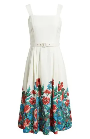 TAHARI ASL Belted Sleeveless Square Neck Midi Dress