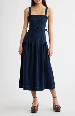 Moon River Pleated Belted Denim Midi Dress
