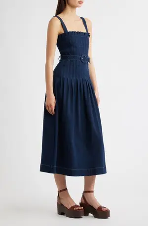 Moon River Pleated Belted Denim Midi Dress