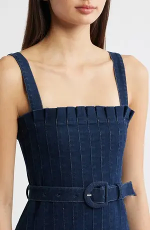 Moon River Pleated Belted Denim Midi Dress