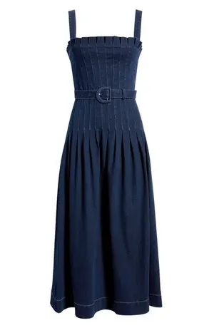 Moon River Pleated Belted Denim Midi Dress