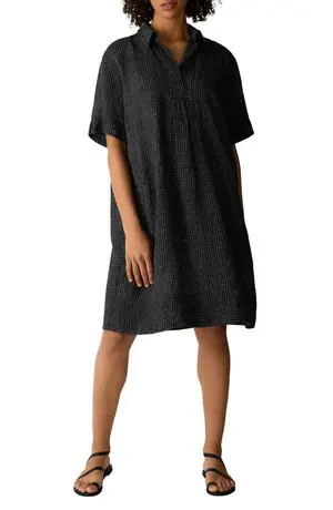Eileen Fisher Allover Checks Organic Linen Shirtdress
