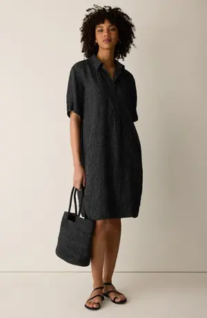 Eileen Fisher Allover Checks Organic Linen Shirtdress