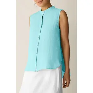 Eileen Fisher Sleeveless Mandarin Collar Linen Shirt - Aqua