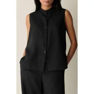 Eileen Fisher Sleeveless Mandarin Collar Linen Shirt - Black