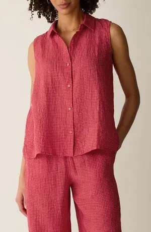 Eileen Fisher Sleeveless Organic Linen Shirt With Checks - Grenadine