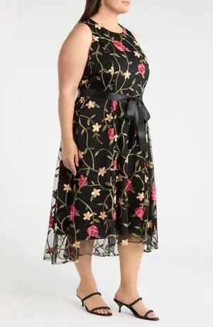 TAHARI ASL Sleeveless Embroidered Midi Dress