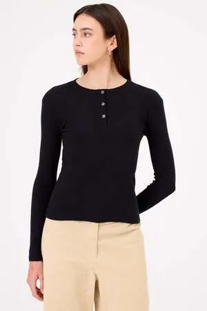 Goldie LeWinter Ribbed Henley With Button Placket - Black