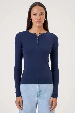 Goldie LeWinter Ribbed Henley With Button Placket - Navy
