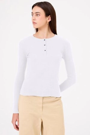 Goldie LeWinter Ribbed Henley With Button Placket - White