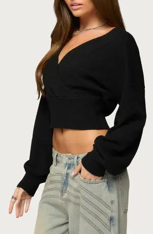 EDIKTED Lillia V-neck Wrap Knit Sweater - Black