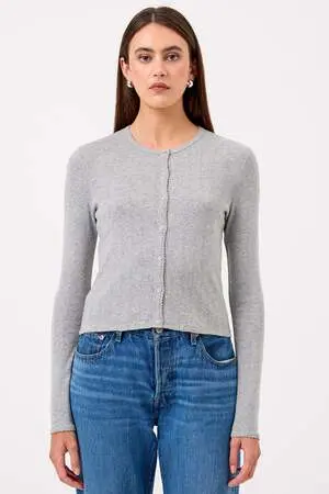 Goldie LeWinter Pointelle Crop Cardigan With Scalloped Trim - Gray Heather