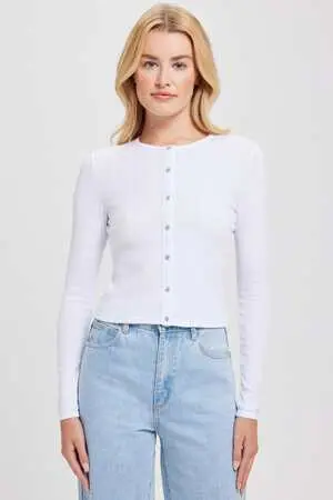 Goldie LeWinter Pointelle Crop Cardigan With Scalloped Trim - White