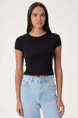 Goldie LeWinter Pointelle Baby Tee With Cap Sleeves And Scalloped Trim - Black