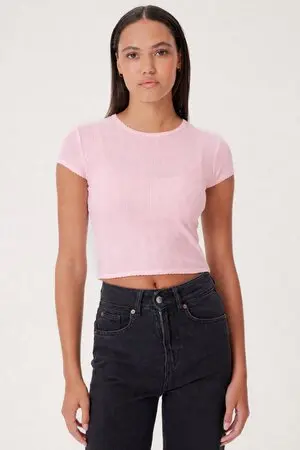 Goldie LeWinter Pointelle Baby Tee With Cap Sleeves And Scalloped Trim - Cherry Blossom