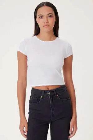 Goldie LeWinter Pointelle Baby Tee With Cap Sleeves And Scalloped Trim - White