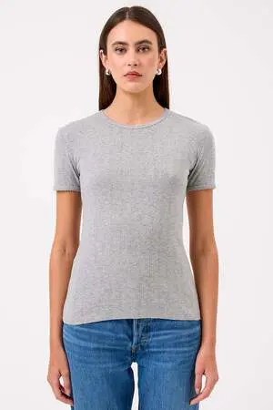 Goldie LeWinter Pointelle Knit Crewneck Tee - Gray Heather