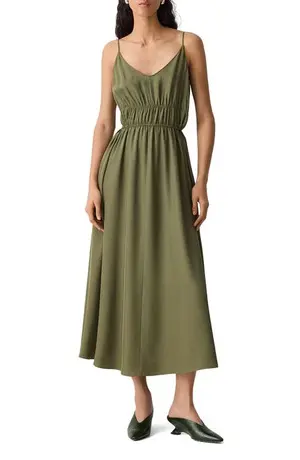 Theory Smocked Sleeveless Midi Dress - Forest Moss