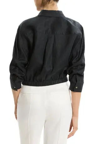 Theory Linen Button-up Shirt With Elasticated Hem And Scrunched Sleeves - Black
