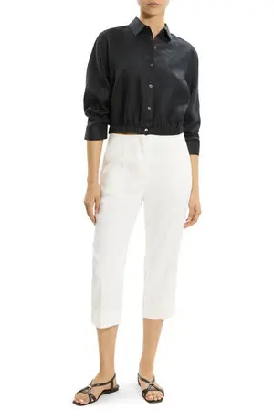 Theory Linen Button-up Shirt With Elasticated Hem And Scrunched Sleeves - Black