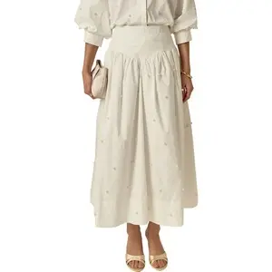 English Factory Pearly Bead Poplin Maxi Skirt - White