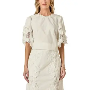 English Factory Open Stitch Puff Sleeve Top With Lace Embellishments