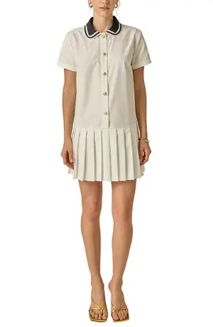 English Factory Crochet Collar Pleated Mini Shirtdress - White