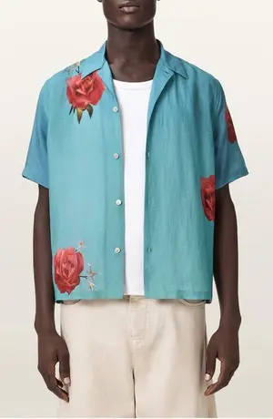 ALLSAINTS Fazed Floral Button-up Camp Shirt - Anker Blue