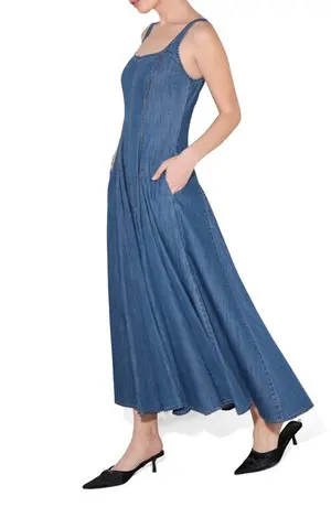 FREEMARKET Square Neck A-line Denim Midi Dress