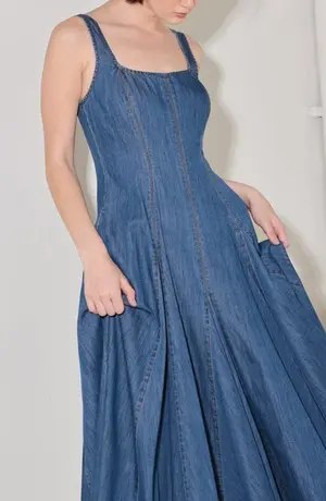 FREEMARKET Square Neck A-line Denim Midi Dress