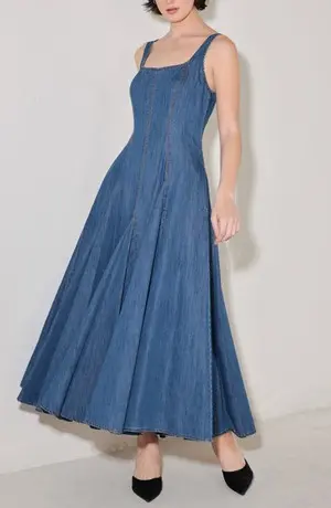 FREEMARKET Square Neck A-line Denim Midi Dress