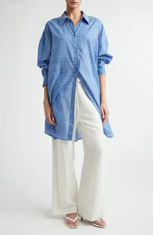 TOTEME Oversized Embroidered Cotton & Lyocell Voile Shirtdress - Cobalt