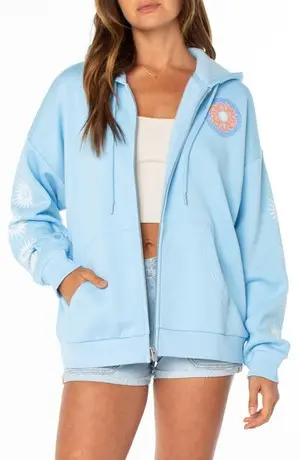 Roxy Full Zip Fleece Graphic Hoodie - Airy Blue